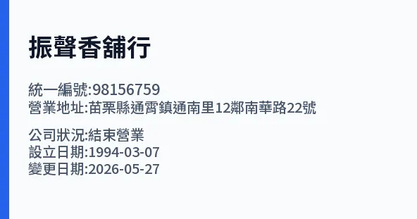 振聲香舖行的照片-統編 98156759(苗栗縣) 公司登記資料與營業項目詳細圖表
