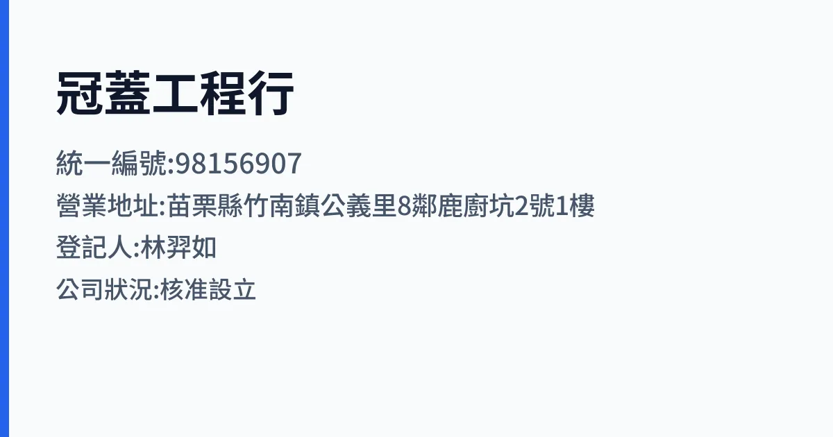 冠蓋工程行 - 統編 98156907(苗栗縣) 公司登記資料與營業項目詳細圖表