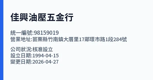 佳興油壓五金行的照片-統編 98159019(苗栗縣) 公司登記資料與營業項目詳細圖表