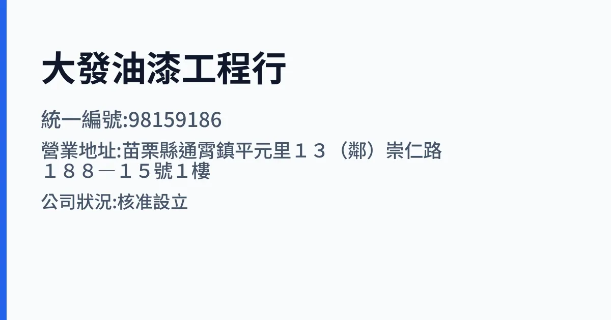 大發油漆工程行 - 統編 98159186(苗栗縣) 公司登記資料與營業項目詳細圖表