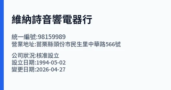 維納詩音響電器行的照片-統編 98159989(苗栗縣) 公司登記資料與營業項目詳細圖表