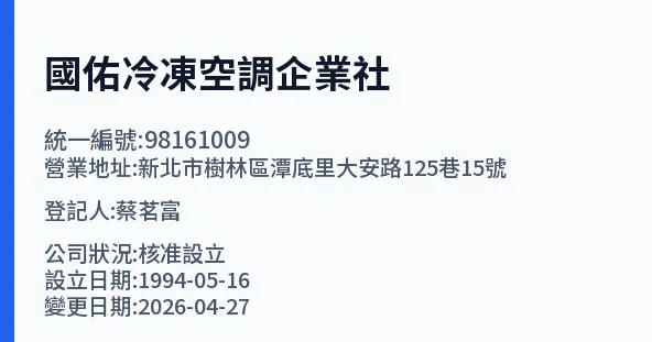 國佑冷凍空調企業社的照片-統編 98161009(新北市) 公司登記資料與營業項目詳細圖表