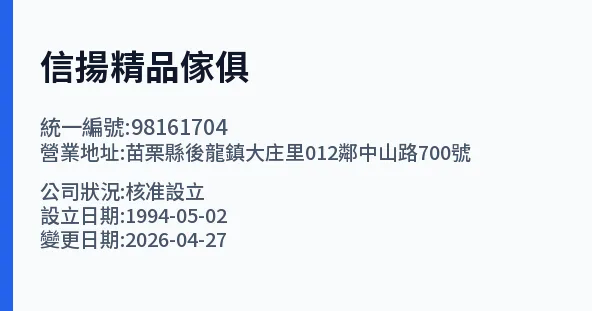 信揚精品傢俱的照片-統編 98161704(苗栗縣) 公司登記資料與營業項目詳細圖表