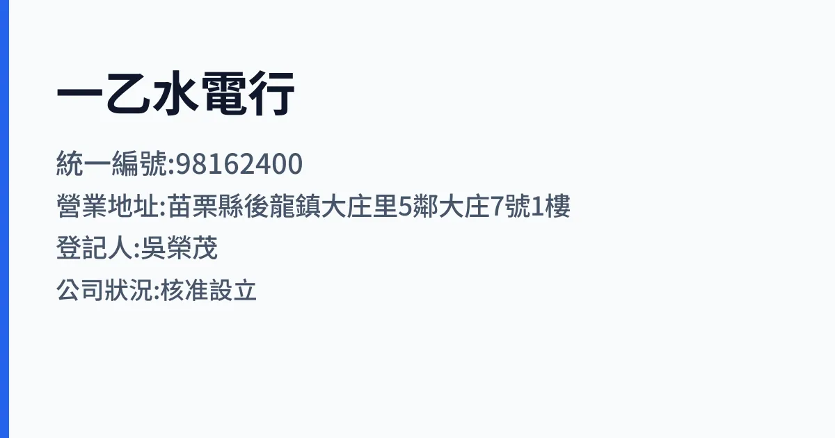 一乙水電行 - 統編 98162400(苗栗縣) 公司登記資料與營業項目詳細圖表