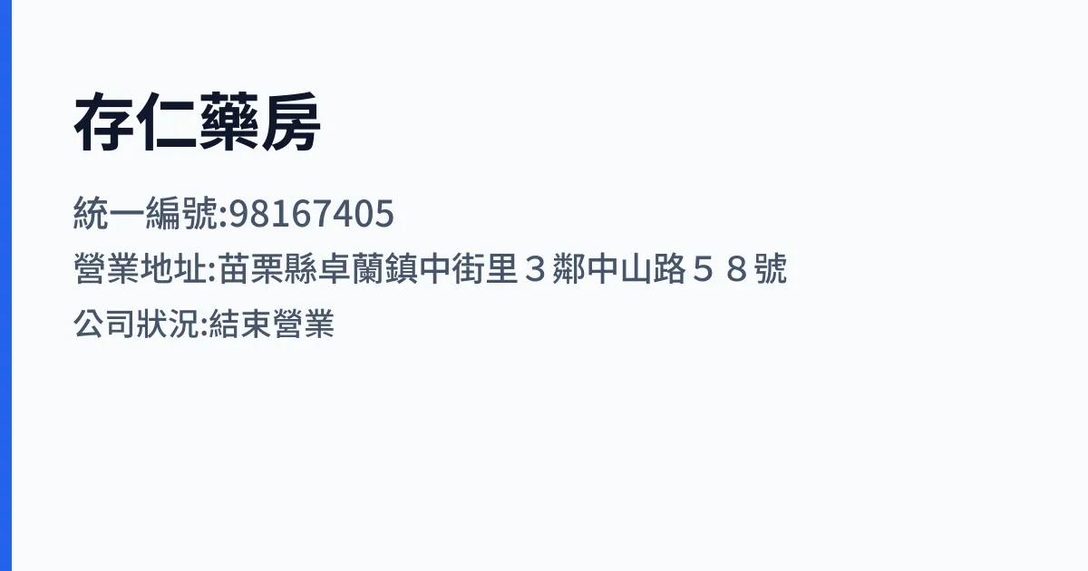 存仁藥房 - 統編 98167405(苗栗縣) 公司登記資料與營業項目詳細圖表
