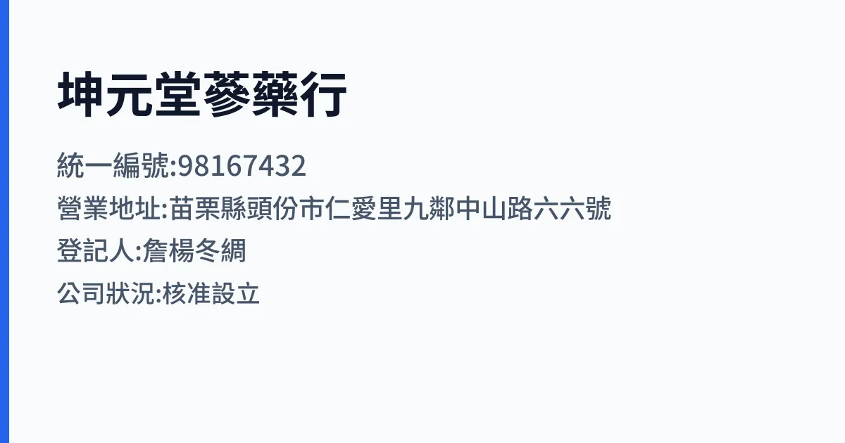 坤元堂蔘藥行 - 統編 98167432(苗栗縣) 公司登記資料與營業項目詳細圖表