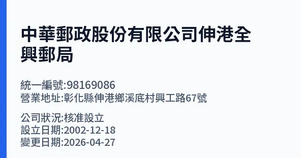 中華郵政股份有限公司伸港全興郵局的照片-統編 98169086(彰化縣) 公司登記資料與營業項目詳細圖表