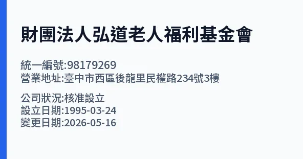 財團法人弘道老人福利基金會的照片-統編 98179269(臺中市) 公司登記資料與營業項目詳細圖表