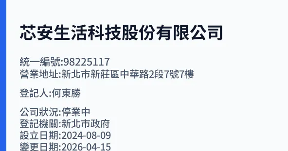 芯安生活科技股份有限公司的照片-統編 98225117(新北市) 公司登記資料與營業項目詳細圖表