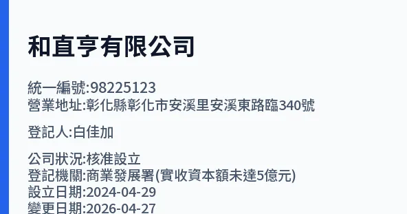 和直亨有限公司的照片-統編 98225123(彰化縣) 公司登記資料與營業項目詳細圖表