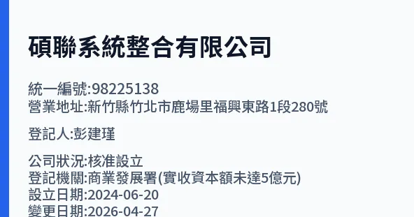 碩聯系統整合有限公司的照片-統編 98225138(新竹縣) 公司登記資料與營業項目詳細圖表