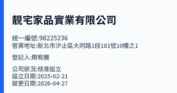 靚宅家品實業有限公司的照片-統編 98225236(新北市) 公司登記資料與營業項目詳細圖表