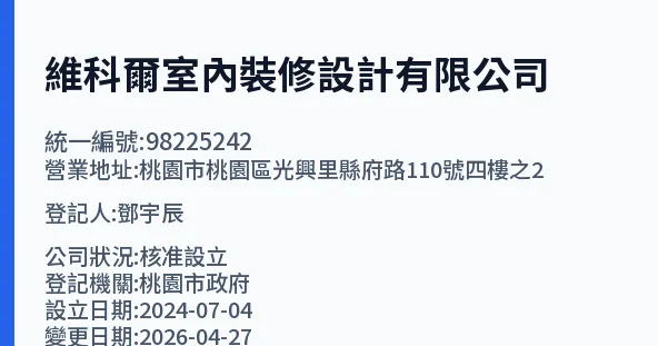 維科爾室內裝修設計有限公司的照片-統編 98225242(桃園市) 公司登記資料與營業項目詳細圖表