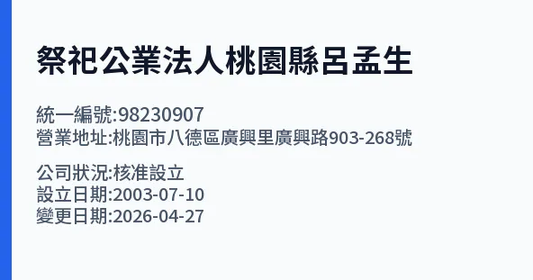 祭祀公業法人桃園縣呂孟生的照片-統編 98230907(桃園市) 公司登記資料與營業項目詳細圖表