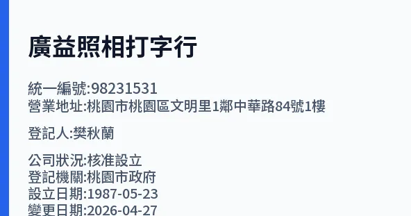 廣益照相打字行的照片-統編 98231531(桃園市) 公司登記資料與營業項目詳細圖表