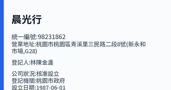 晨光行的照片-統編 98231862(桃園市) 公司登記資料與營業項目詳細圖表