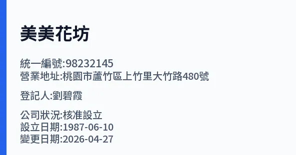 美美花坊的照片-統編 98232145(桃園市) 公司登記資料與營業項目詳細圖表