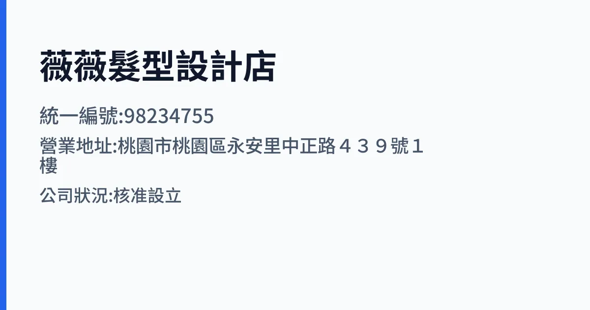 薇薇髮型設計店 - 統編 98234755(桃園市) 公司登記資料與營業項目詳細圖表