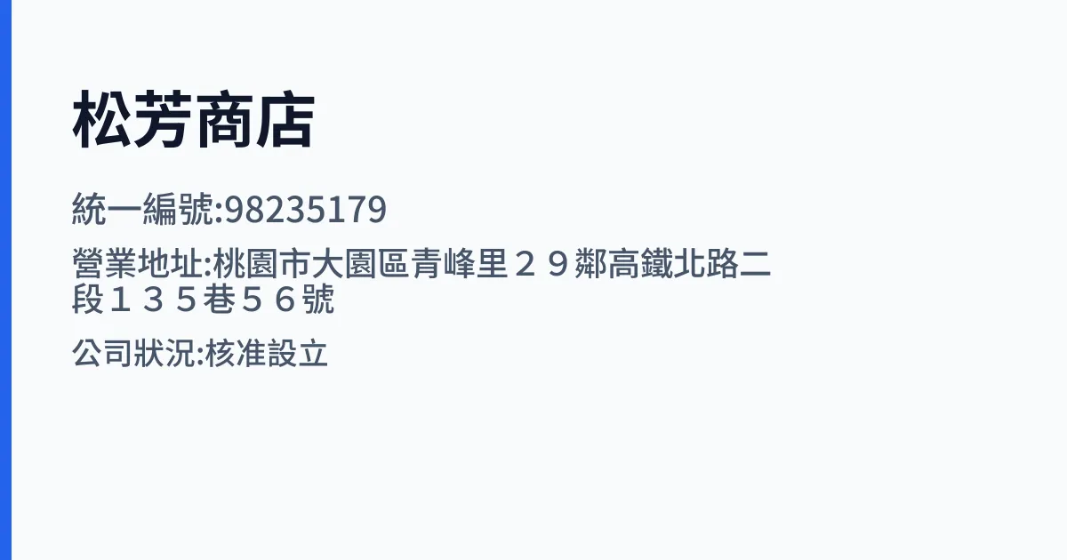 松芳商店 - 統編 98235179(桃園市) 公司登記資料與營業項目詳細圖表
