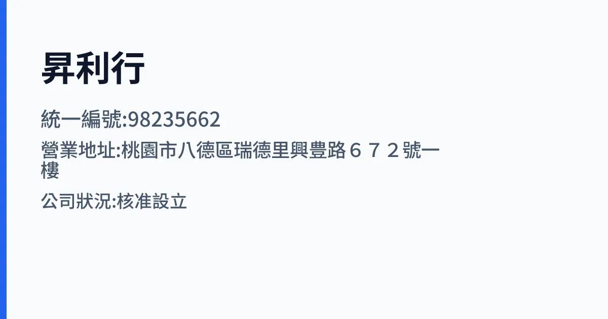 昇利行 - 統編 98235662(桃園市) 公司登記資料與營業項目詳細圖表