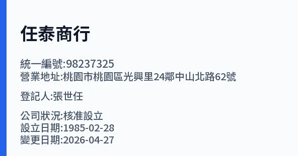 任泰商行的照片-統編 98237325(桃園市) 公司登記資料與營業項目詳細圖表