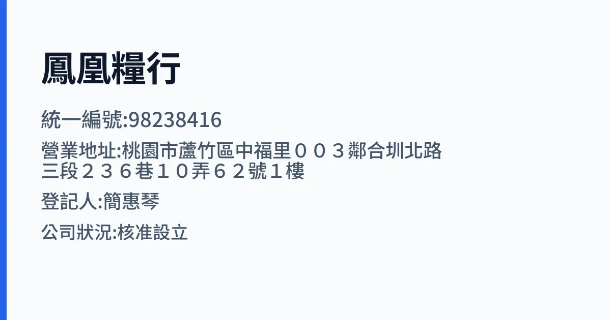 鳳凰糧行 - 統編 98238416(桃園市) 公司登記資料與營業項目詳細圖表