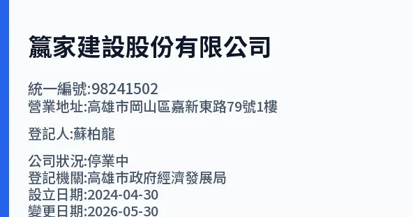籝家建設股份有限公司的照片-統編 98241502(高雄市) 公司登記資料與營業項目詳細圖表
