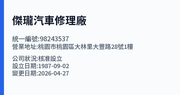 傑瓏汽車修理廠的照片-統編 98243537(桃園市) 公司登記資料與營業項目詳細圖表