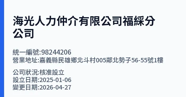 海光人力仲介有限公司福綵分公司的照片-統編 98244206(嘉義縣) 公司登記資料與營業項目詳細圖表