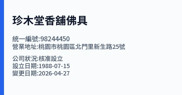 珍木堂香舖佛具的照片-統編 98244450(桃園市) 公司登記資料與營業項目詳細圖表