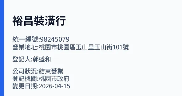 裕昌裝潢行的照片-統編 98245079(桃園市) 公司登記資料與營業項目詳細圖表