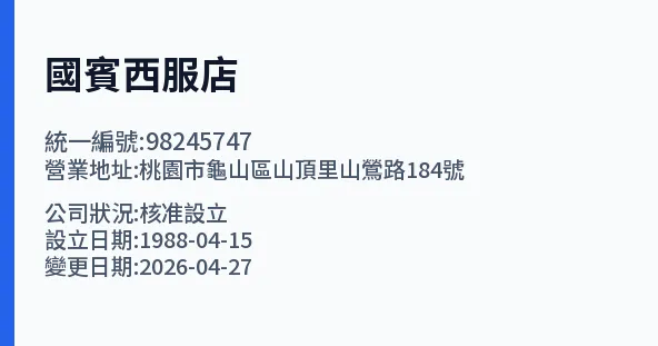 國賓西服店的照片-統編 98245747(桃園市) 公司登記資料與營業項目詳細圖表