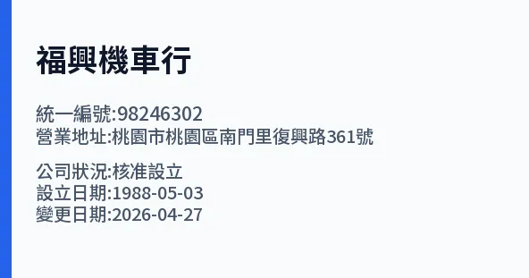 福興機車行的照片-統編 98246302(桃園市) 公司登記資料與營業項目詳細圖表