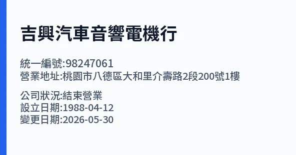 吉興汽車音響電機行的照片-統編 98247061(桃園市) 公司登記資料與營業項目詳細圖表