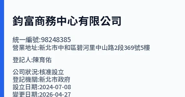 鈞富商務中心有限公司的照片-統編 98248385(新北市) 公司登記資料與營業項目詳細圖表