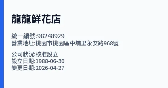 龍龍鮮花店的照片-統編 98248929(桃園市) 公司登記資料與營業項目詳細圖表