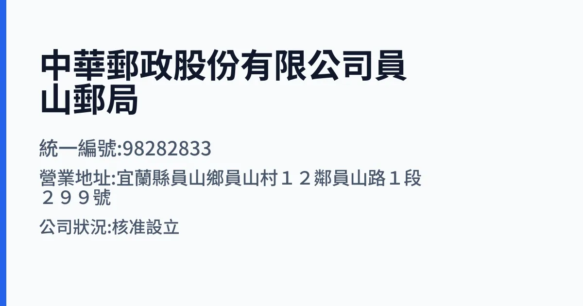 中華郵政股份有限公司員山郵局 - 統編 98282833(宜蘭縣) 公司登記資料與營業項目詳細圖表