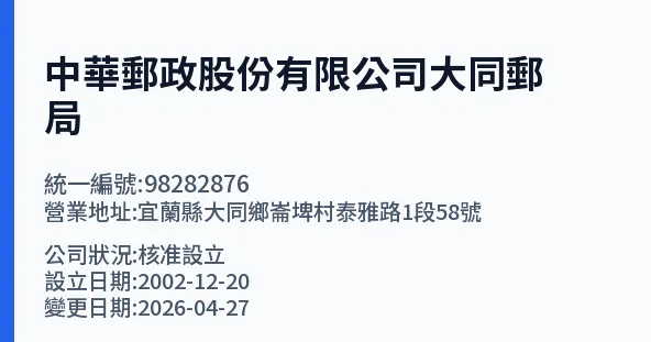 中華郵政股份有限公司大同郵局的照片-統編 98282876(宜蘭縣) 公司登記資料與營業項目詳細圖表
