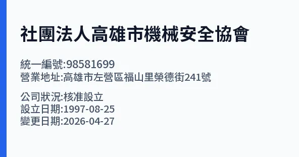 社團法人高雄市機械安全協會的照片-統編 98581699(高雄市) 公司登記資料與營業項目詳細圖表
