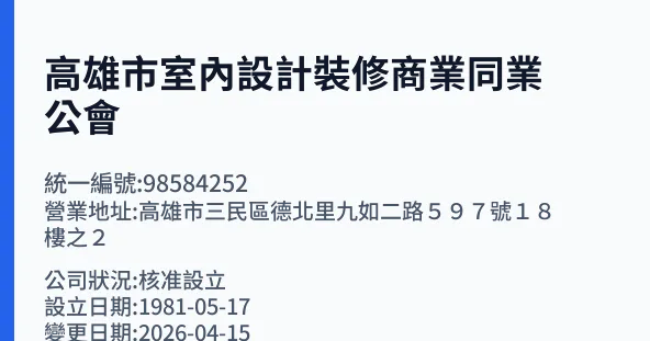 高雄市室內設計裝修商業同業公會的照片-統編 98584252(高雄市) 公司登記資料與營業項目詳細圖表