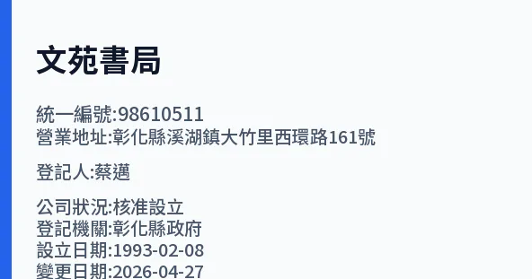 文苑書局的照片-統編 98610511(彰化縣) 公司登記資料與營業項目詳細圖表