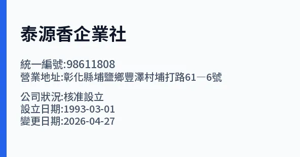 泰源香企業社的照片-統編 98611808(彰化縣) 公司登記資料與營業項目詳細圖表