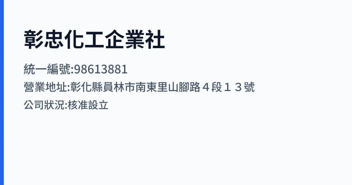 彰忠化工企業社 - 統編 98613881(彰化縣) 公司登記資料與營業項目詳細圖表