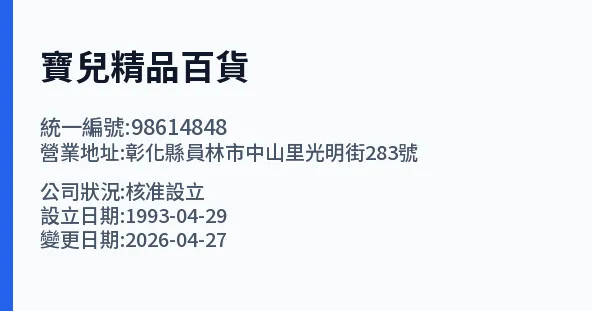 寶兒精品百貨的照片-統編 98614848(彰化縣) 公司登記資料與營業項目詳細圖表
