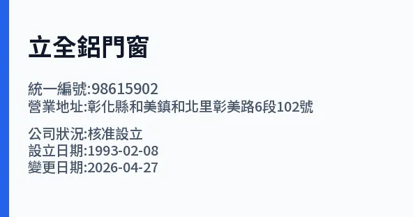 立全鋁門窗的照片-統編 98615902(彰化縣) 公司登記資料與營業項目詳細圖表