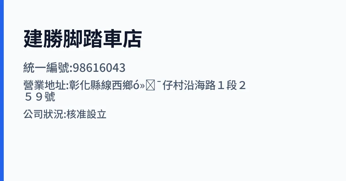 建勝脚踏車店 - 統編 98616043 (彰化縣) 公司登記資料與營業項目詳細圖表