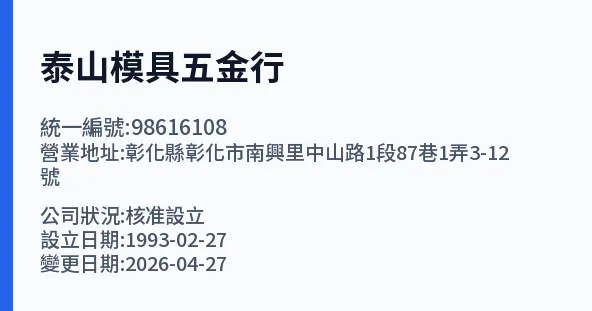 泰山模具五金行的照片-統編 98616108(彰化縣) 公司登記資料與營業項目詳細圖表