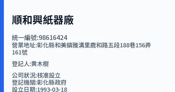 順和興紙器廠的照片-統編 98616424(彰化縣) 公司登記資料與營業項目詳細圖表