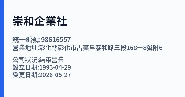 崇和企業社的照片-統編 98616557(彰化縣) 公司登記資料與營業項目詳細圖表