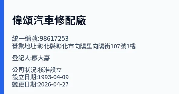 偉頌汽車修配廠的照片-統編 98617253(彰化縣) 公司登記資料與營業項目詳細圖表